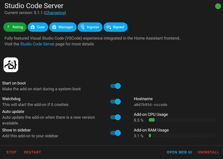 Installing the Studio Code Server add-on for Home Assistant